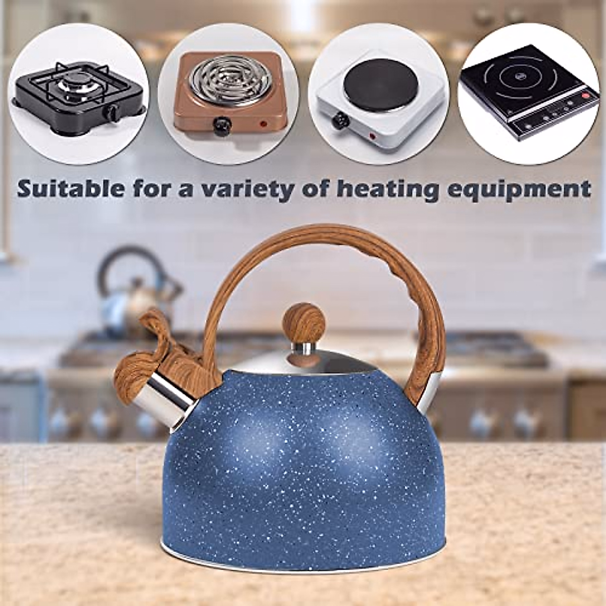Tea Kettle for Stovetop, 2.5 Quart Stainless Water Teapot Boilers for Stovetops, Induction Stone Kettle with Loud Whistle - Perfect for Preparing Hot Water Fast for Coffee Tea (Blue)