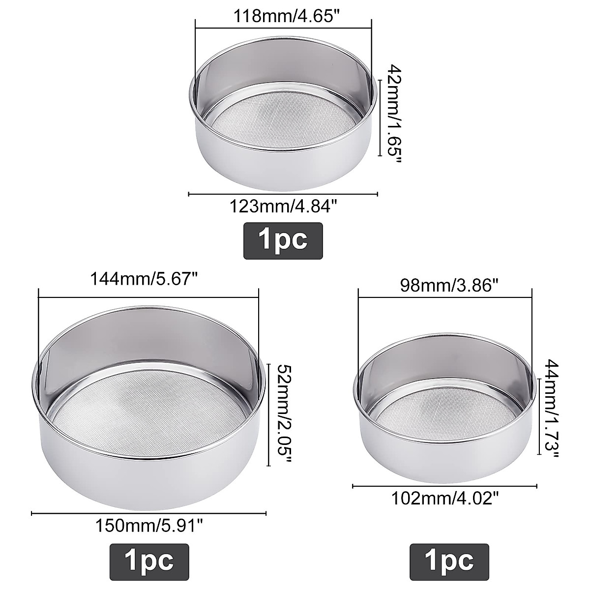 OLYCRAFT 3Pcs 201 Stainless Steel Lab Sieves #40 Mesh Wire Mesh Sieves 4"/4.8"/6" diameter Economy Test Sieves for Science Laboratories