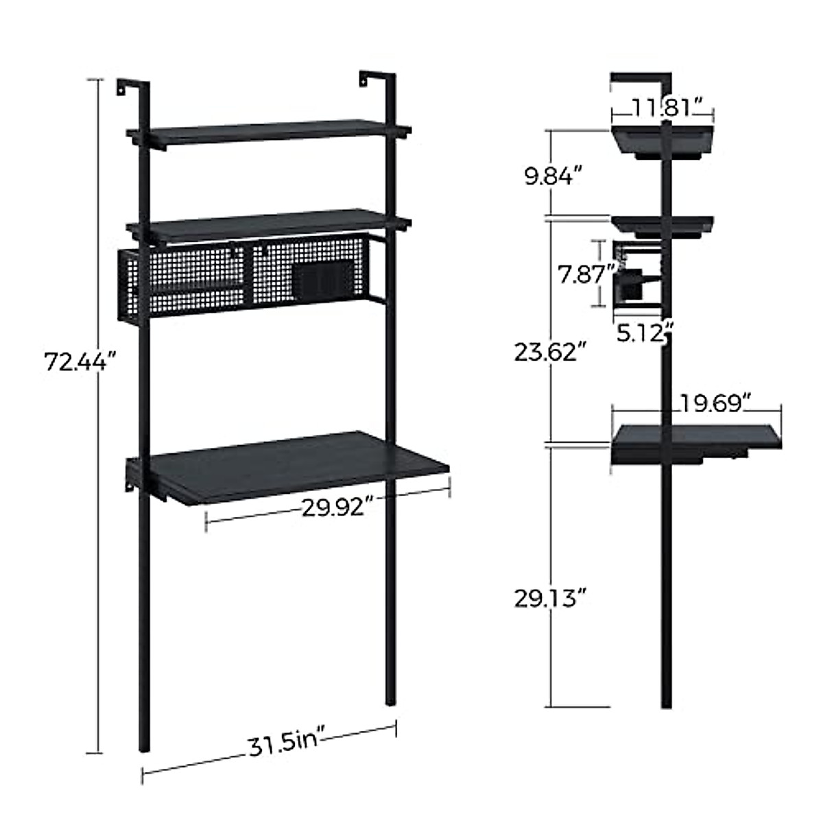 Rolanstar Computer Desk with Shelves, Wall Mounted Desk with Storage Shelf, Industrial Ladder Desk, 3 Tiers Leaning Desk for Small Space, Floating Writing Desk for Home Office, Black