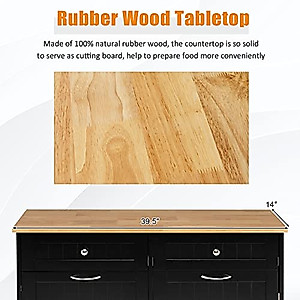 Giantex Kitchen Trash Cabinet, Kitchen Island with Tilt Out Garbage Bin, Rubber Wood Countertop, Large Cabinet, 2 Drawers, Adjustable Shelf, Recycling Can Holder Organizer (Black)