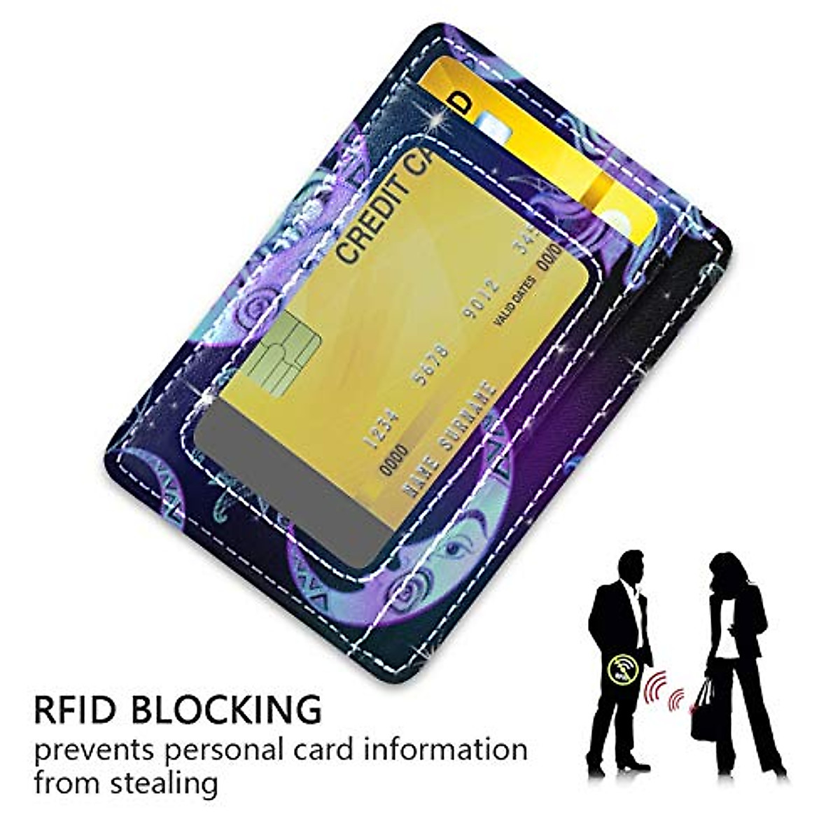 Linomo Thin leather Card Holder and Money Clip Galaxy Sun Moon Star Wallet RFID Blocking for Men & Women