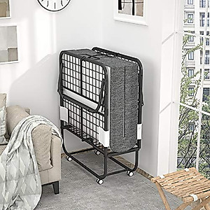 Karcog Folding Bed with Mattress, Rollaway Bed Storage Cover Included, Portable Foldable Guest Bed for Adults, Cot Size Fold up Bed with Memory Foam Mattress and Metal Frame on Wheels - 75” x 31"