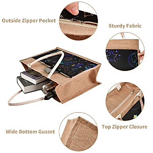 Jute Burlap Tote Planets Galaxy Universe Red Space Stars Hippie Rainbow Navy Large Beach Bag Reusable Grocery Shopping Storage Bag