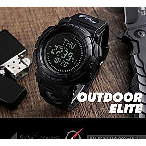 Men’s Military Sports Digital Watch with Survival Compass 50M Waterproof Countdown 3 Alarm Stopwatch (Black) (Black) (Black)