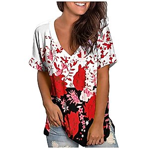 Bravetoshop T Shirt for Women Summer V Neck Short Sleeve Printed Casual Loose Fit Blouse Tops (Red,M)