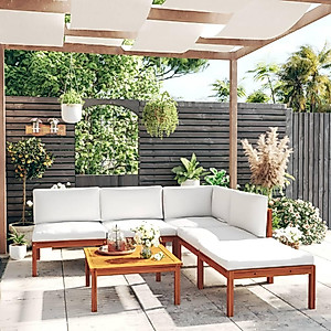 6 Piece Patio Lounge Set with Cushions Cream ,Afternoon Tea Suit,Patio Bar Set,Pool Sofa Set,Lounge Seat,Cafe furniture,Garden Furniture,Entertainment Sofa Set,for Porch,Lawn,Garden,Solid Acacia Wood
