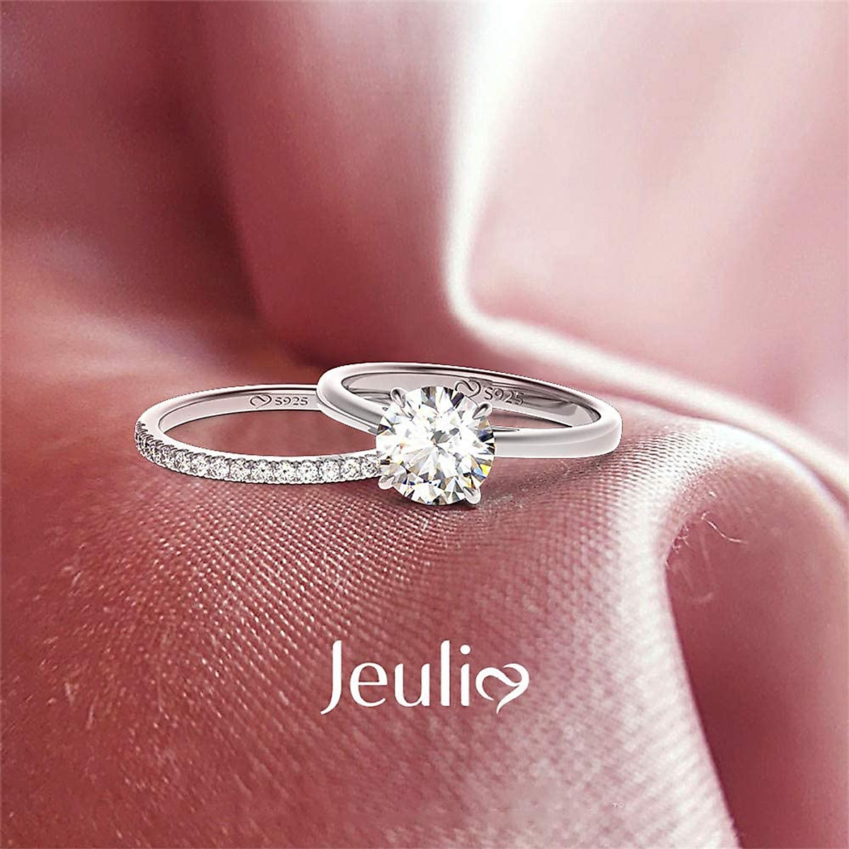 Jeulia 3.5ct Sterling Silver Wedding Ring Bridal Sets Classic Round Cut Anniversary Promise Jewelry with 0.35 ct Side Stone Brilliant Solitaire Band for Her with Gift Box (White, 9.5)