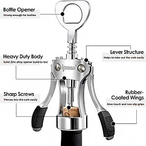 IPOW Wine Opener, Zinc Alloy Wine Bottle Opener, Wing Corkscrew Heavy Duty, Manual Multifunctional Cork Screw for Waiter, Silver