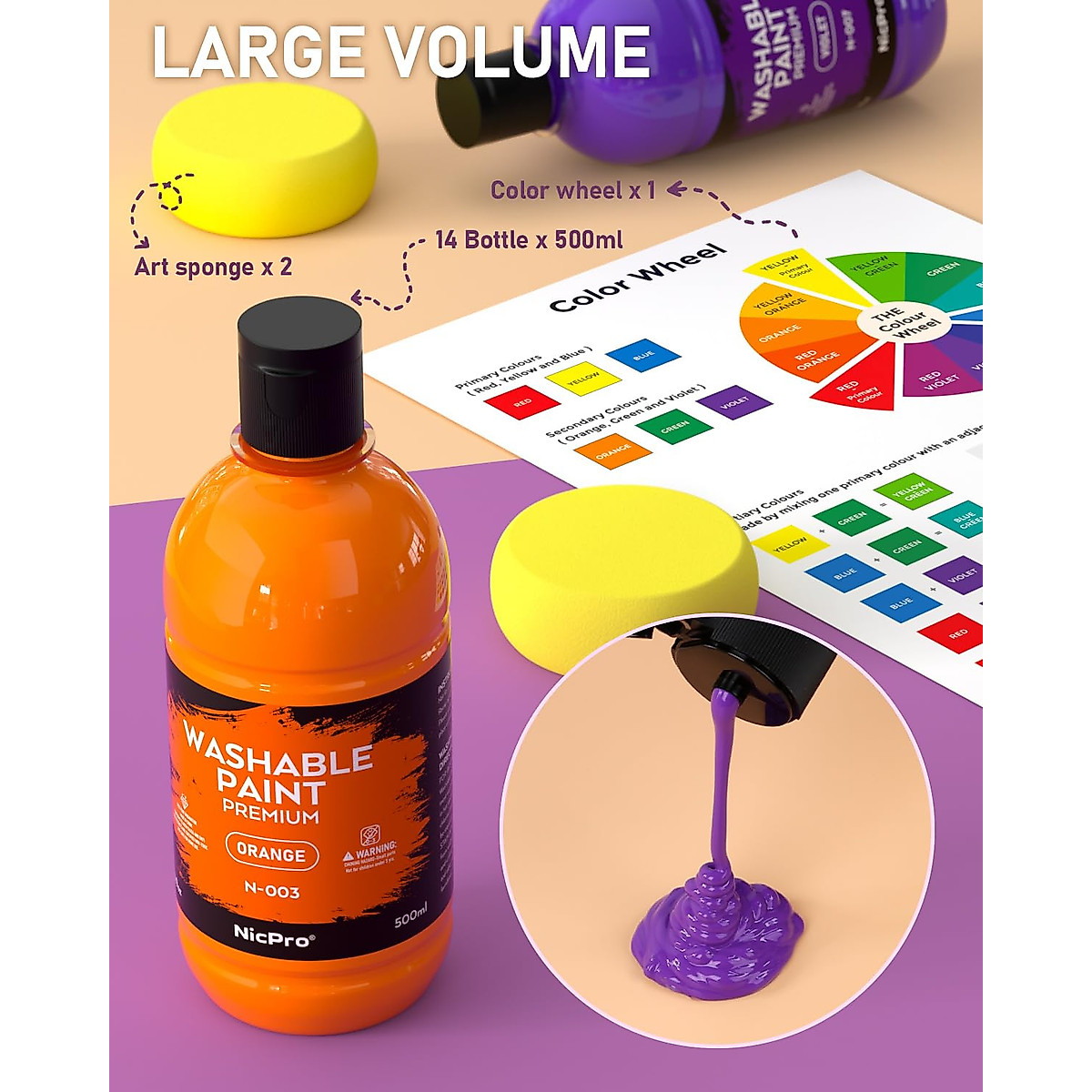 Nicpro 14 Colors Large Washable Paint Set for Kid (16.9 oz,500 ml), Acrylic Bulk Paint Supplies Non Toxic Children Tempera Paint for Art, Craft DIY, Poster & Finger Paint, School, Home,Classroom