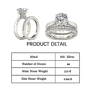 Jeulia Bridal Set for Women 2.5 Carat Engraved Round Cut Sterling Silver Solitaire Engagement Rings CZ Wedding Band Cubic Zirconia Promise Anniversary Rings with Jewelry Gift Box (O)