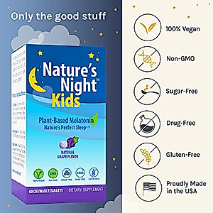 Nature's Night Kids | Plant Based Melatonin 1MG | Natural Grape Flavor | 60 Chewable Tablets | Gluten Free | Non-GMO | Drug Free | Vegan | 100% Natural |