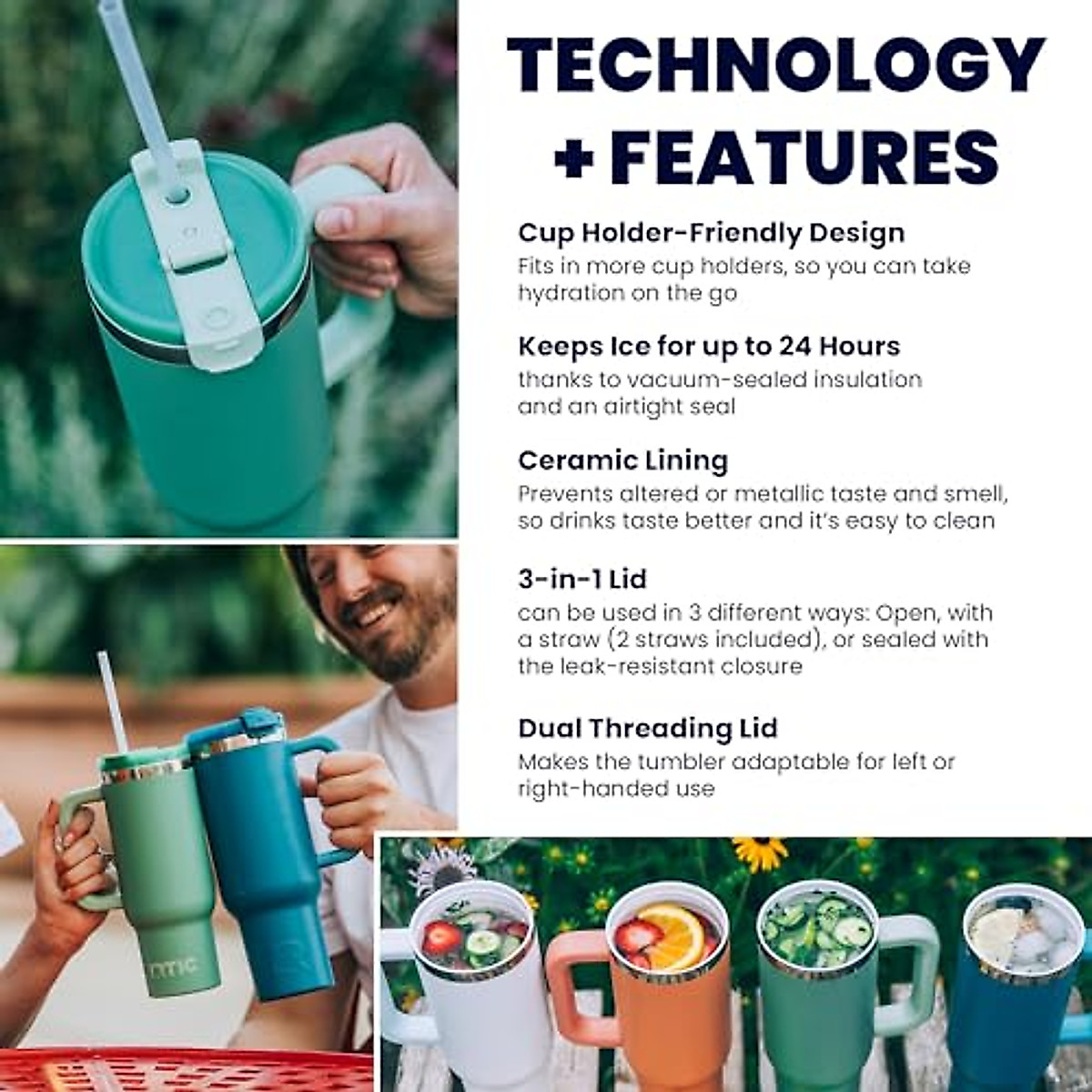 RTIC 40 oz Road Trip Tumbler Double-Walled Insulated Stainless Steel Portable Travel Coffee Mug Cup with Lid, Handle and Straw, Ceramic-Lined, Salmon