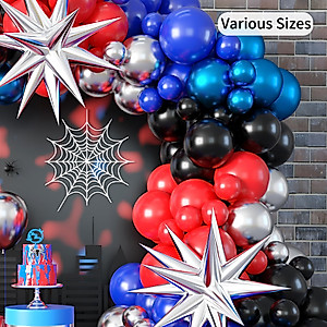 GREMAG Red Blue Black Balloon Arch, 122 Pcs Spider Theme Balloon Garland Kit, Royal Blue and Metallic Silver Blue Balloons with Two Silver Explosion Star Foil Balloon, for Boys Hero Theme Party Decor