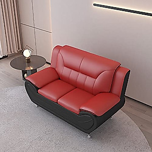 Container Furniture Direct S5732-L Modern Style Faux Leather Loveseat with Extra Comfortable Pillow Top Armrests Ideal for Living Room, Bedroom or Home Office Couch, 61.3’’ Wide, red/Black