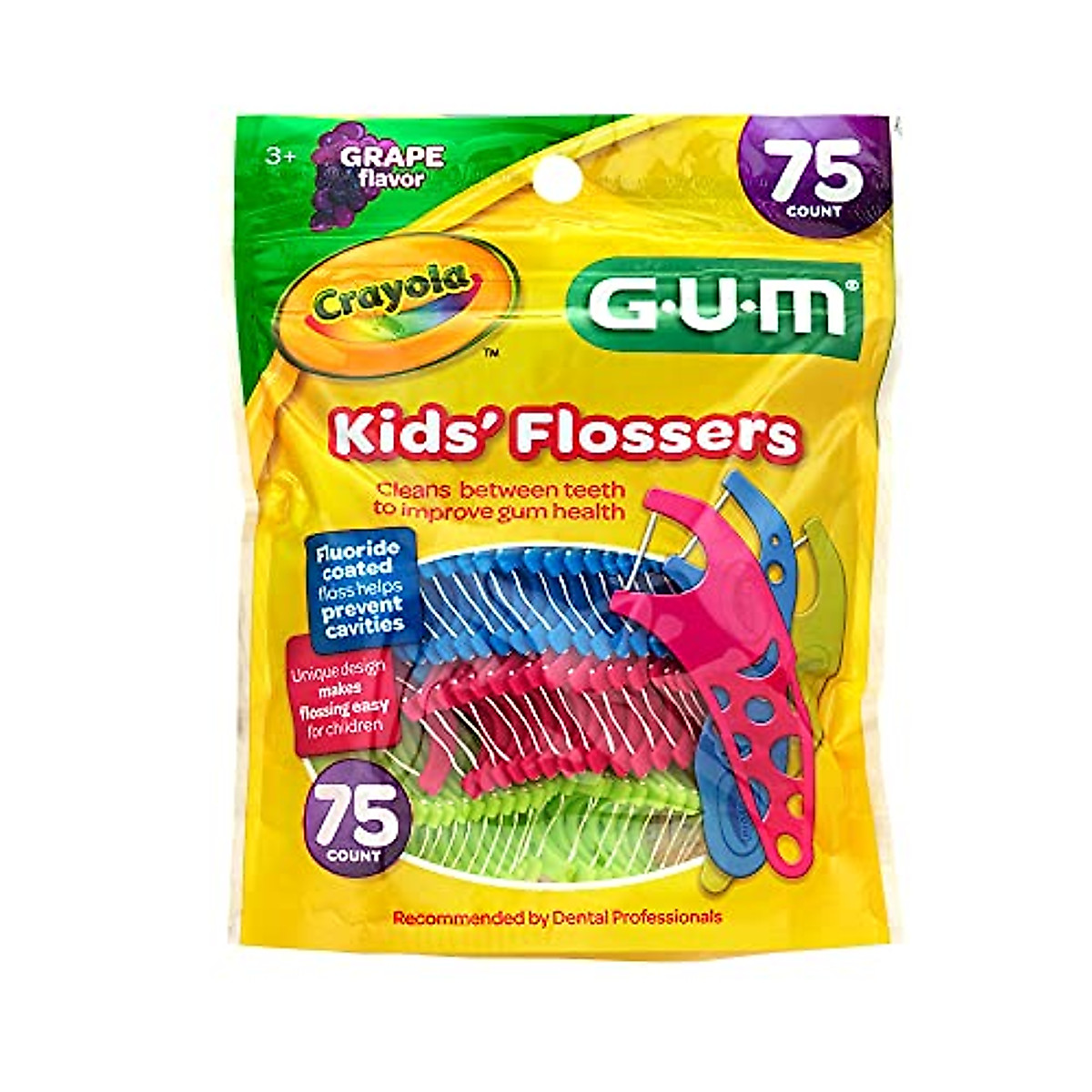 GUM-897 Crayola Kids' Flossers, Grape, Fluoride Coated, Ages 3+, 75 Count