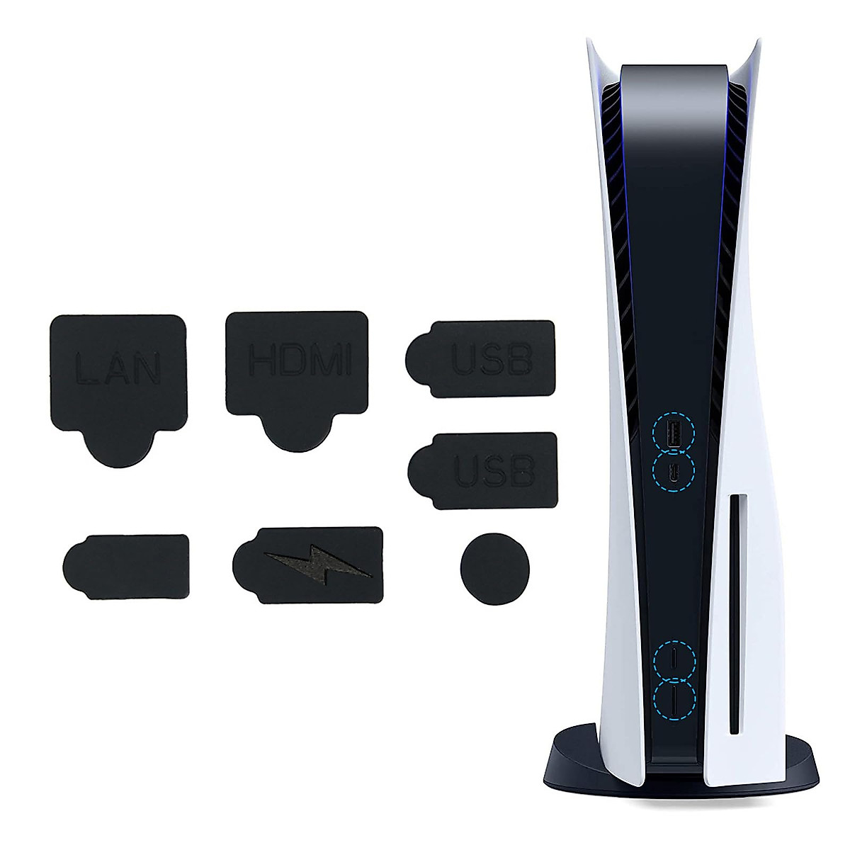 Onyehn Black Silicone Dust Plugs Set,USB HDM Interface Anti-dust Cover Dustproof Plug for PS5 Game Console Accessories Parts(7 Pack)