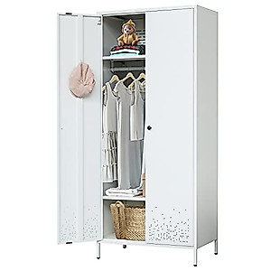 YEEZER Metal Wardrobe, Storage Cabinet with Hanging Rod，Armoire with Magnetic Door and 2 Freely Adjustable Shelves 74" H x 31.5" W x 20" D (White)