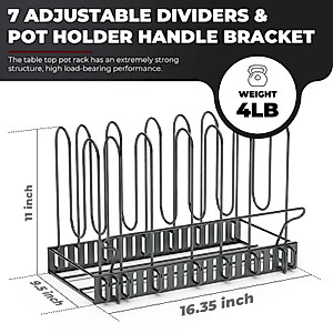 Vdomus Pan Organizer with Pot lid Holder Handle Bracket Design, Black Metal Kitchen Pot and pan organizer rack for cabinet or Counter, pot organizer with 7 adjustable dividers