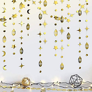 Gold Eid Mubarak Ramadan Decorations Hanging Star Moon Circle Dot Crescent Lamp Garland Streamer Backdrop Banner Decorations for Home Happy Ramadan Lesser Bairam Islam Muslim Wedding Birthday Party