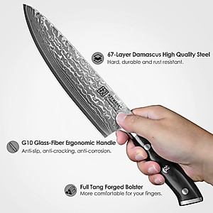 KEEMAKE Chef Knife, 8 Inch Damascus Kitchen Knife, 67 Layers Damascus Steel Knife Japanese VG10 Core, Razor Sharp Chefs Knife with Ergonomic G10 Handle, Cooking Knife for Meat Vegetable