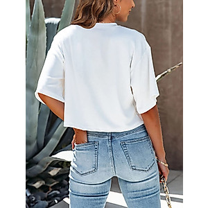 Tankaneo Women Half Sleeve Cropped T-Shirts Drop Shoulder Round Neck Crop Tops Casual Summer Solid Color Basic Tees