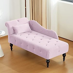 Tufted Upholstered Velvet Rolled Arm Chaise Lounges Indoor Chair, Right Arm Facing Chaise Lounge with Nailhead Trim for Living Room Bedroom Office(Light Pink)