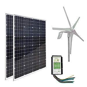 AUECOOR 640W Solar Wind Kit Hybrid System: 2pcs 120W Mono Solar Panels + 400W Wind Turbine Generator + Hybrid Controller for RV, Camping, Boat, Caravans, 12V/24V Battery Charging