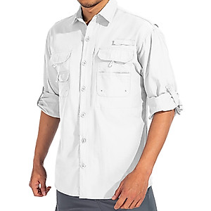 linlon Mens Safari Shirts Long Sleeve UV Protection Hiking Fishing UPF 50+ Quick Dry Cooling Camping Travel Shirts#5066-White-XXL