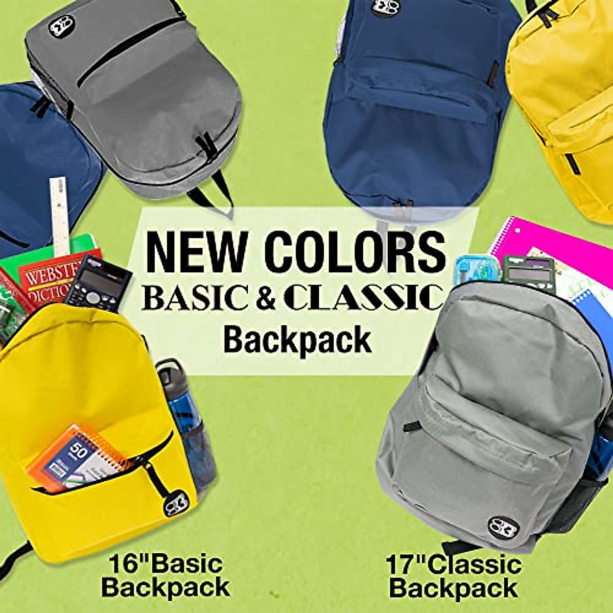 BAZIC School Backpack 17" Navy Blue, Lightweight School Bag Padded Back & Adjustable Strap for Students, Travel Bag Fit A4 Notebook, 1-Pack