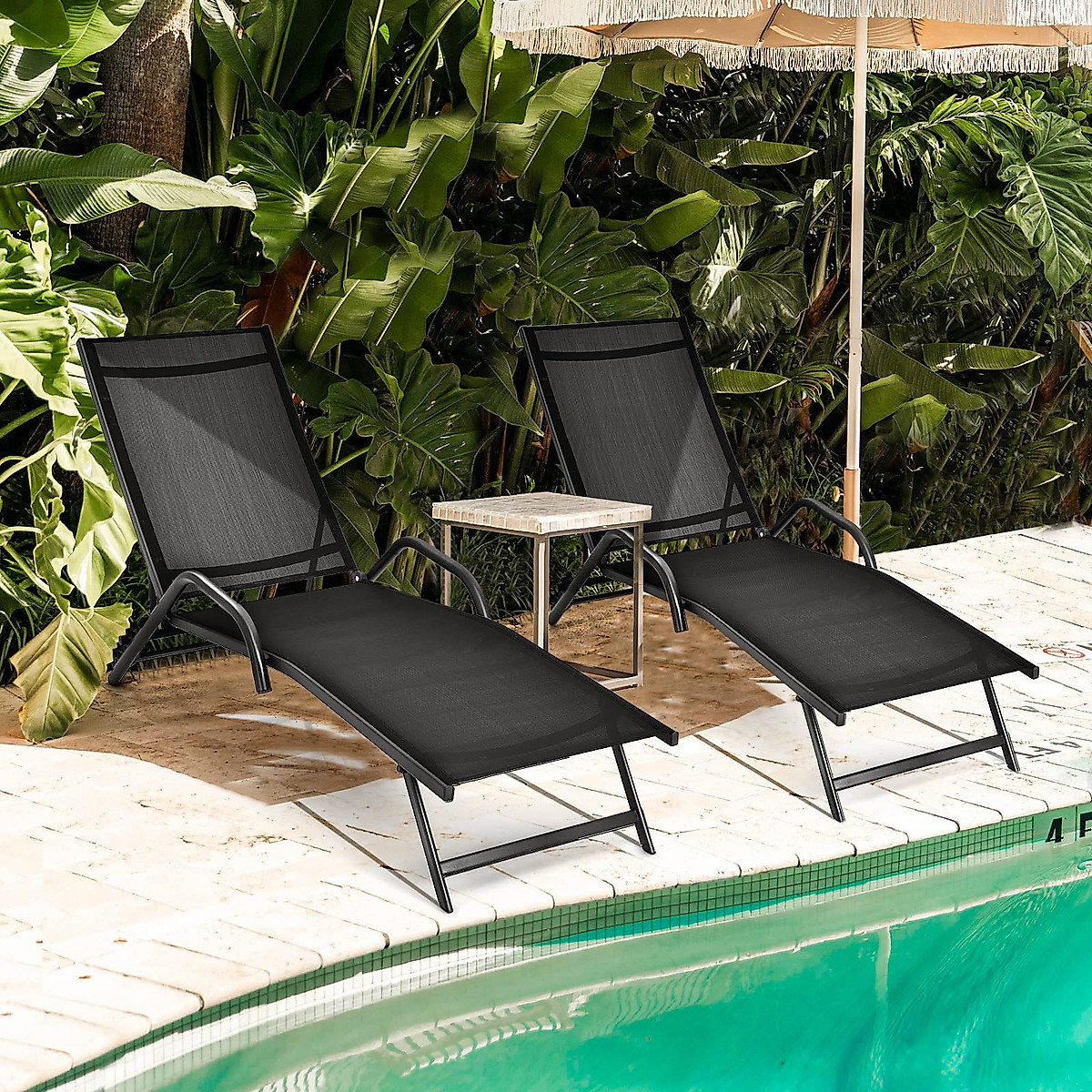 Giantex Lounge Chairs for Outside - Set of 2 Outdoor Chaise Lounge with 5 Adjustable Position, Steel Frame, Patio Loungers, Camping Reclining Chair for Garden, Poolside, Yard Sunbathing Chairs, Black