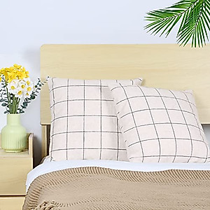 Basic Model Set of 2 Plaid Throw Pillow Covers Modern Farmhouse Decorative Square Linen Pillow Case for Sofa Couch Bed 20 x 20 Inch, Beige