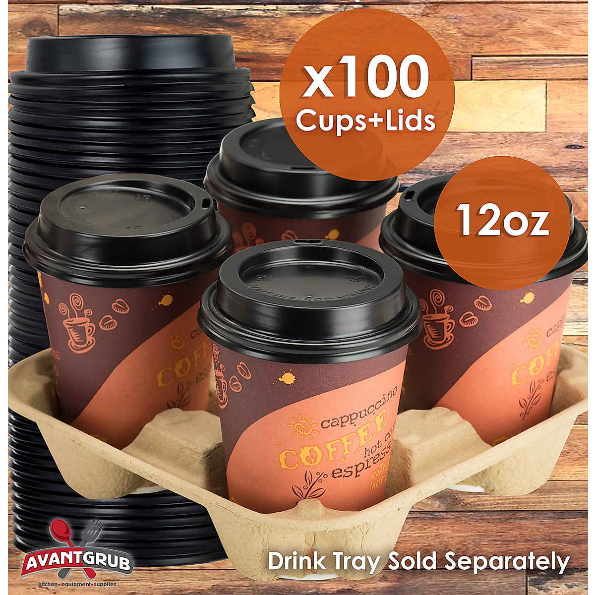 Avant Grub 100 Pack 12 Oz Restaurant Grade Paper Coffee Drinking Cup With Recyclable Dome Lids. Durable, BPA Free Disposable Designer Cups For Hot Drinks At Kiosks, Shops, Cafes