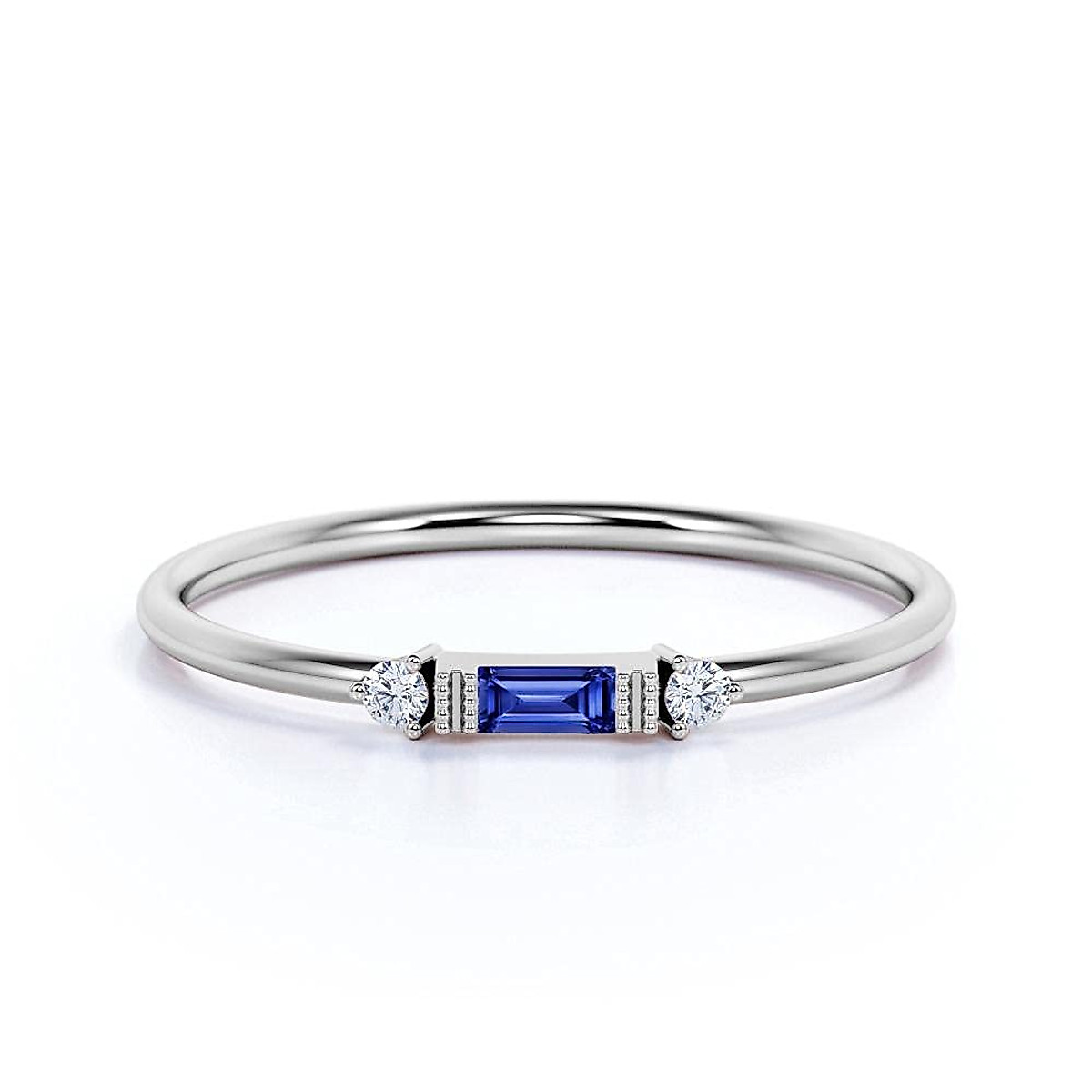 Dainty etneyjewels 0.21 Carat Natural White Diamond With Blue Sapphire Horizontal Baguette Cut Stackable Engagement Band Ring (Centre Blue Gemstone etneyjewels 0.15 ctw,Clarity I2,Color HI,9.5)
