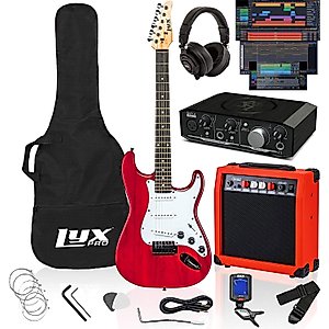 LyxPro Full Size Electric Guitar Red with 20w Amp Package With Mackie Onyx Artist 2-2 Audio/Midi interface With Pro Tools First/Tracktion Music Production Software Kit With Professional Headphones