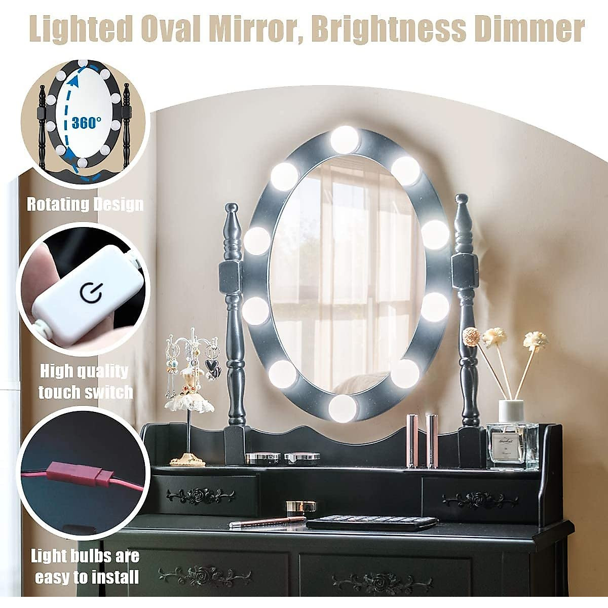 LDAILY Vanity Table Set w/Lighted Mirror, Makeup Vanity Table with 10 LED Lights, 4 Drawers & Oval Mirror, Bedroom Dressing White Black Dark Brown BC-HW66050US Vanity Table Set with Lighted Mirror