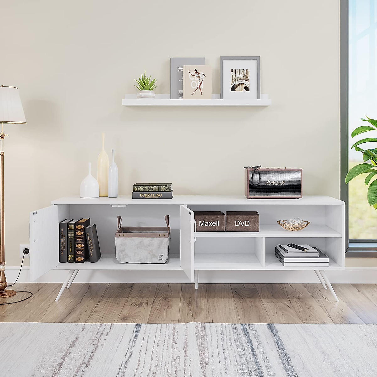 Panana 62.99" TV Stand Television Stands TV Console Unit with 3 Open Cubby and 2 Doors for Living Room Bedroom for TVs up to 70 Inches, White