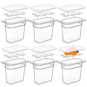 Sunnyray 6 Set 1/9 Size Polycarbonate Food Pans with Lids and Drain Shelf Deep Square Food Storage Containers for Kitchen Restaurant Fruit Vegetable Food Storage (6 inch deep)