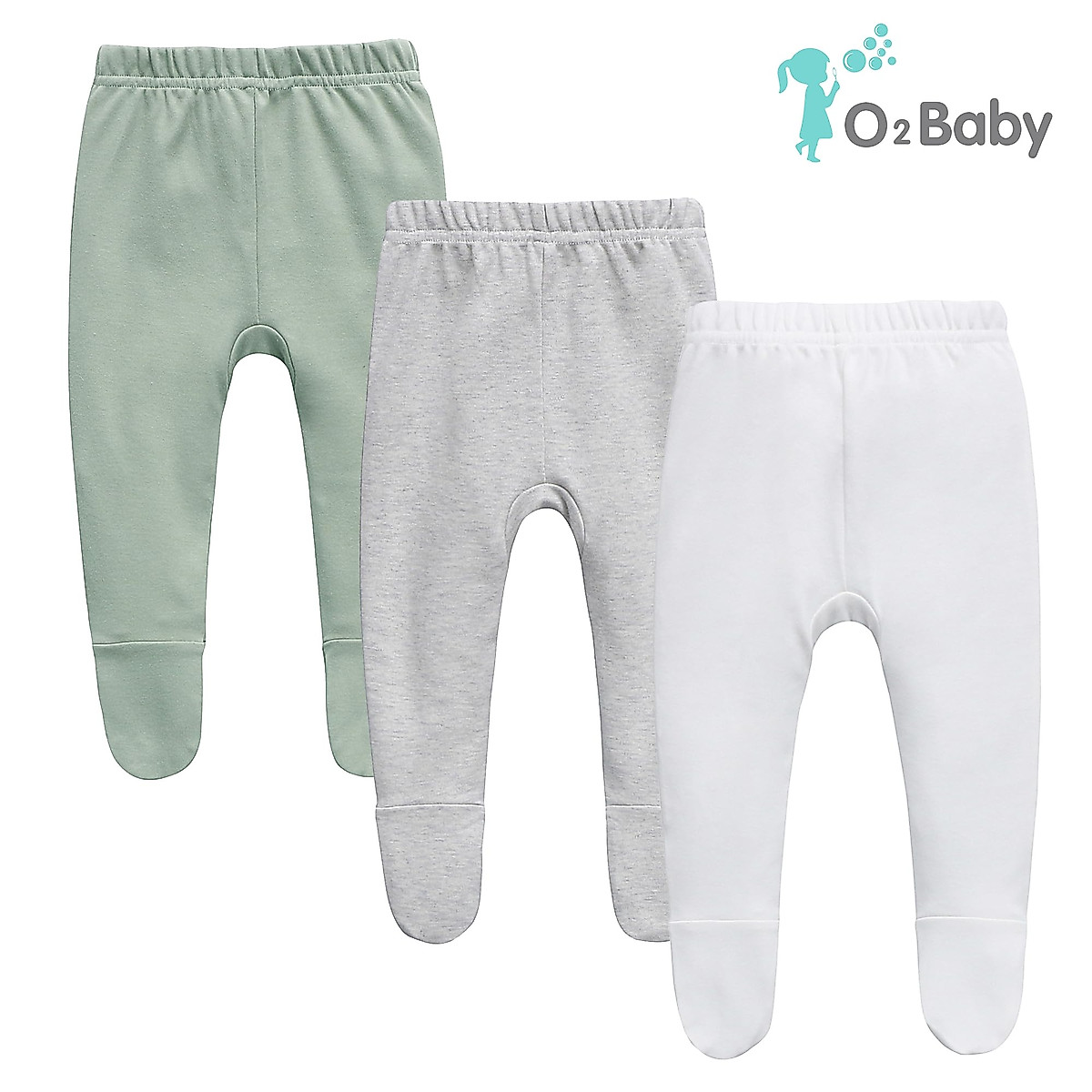 O2 BABY Organic Cotton Unisex Baby Jogger Pants, 3-Pack Pull-on Bottoms, Newborn Leggings (Newborn, Grey/White/Green)