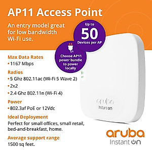 HPE Networking Instant On Access Point AP11 2x2 WiFi 5 Indoor Wireless Access Point | Power Source Not Included | US Model (R2W95A)