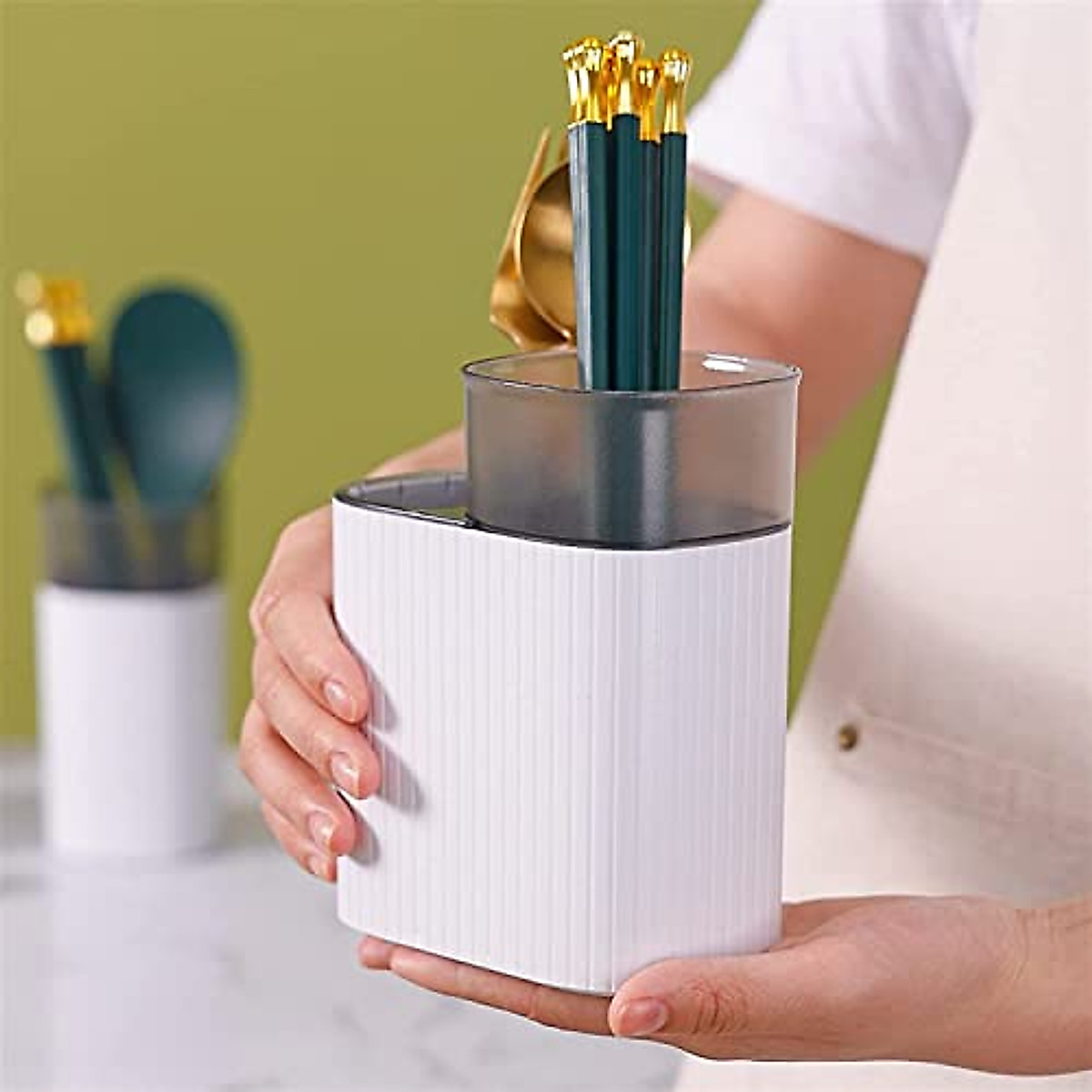 ceramic Utensil Caddy Double Layer Chopsticks Cage Multifunction Tableware Storage Shelf Knives Spoon Cutlery Drain Rack Organizer Kitchen Accessories Pen Holder chopstick holder (Color : Whitea)