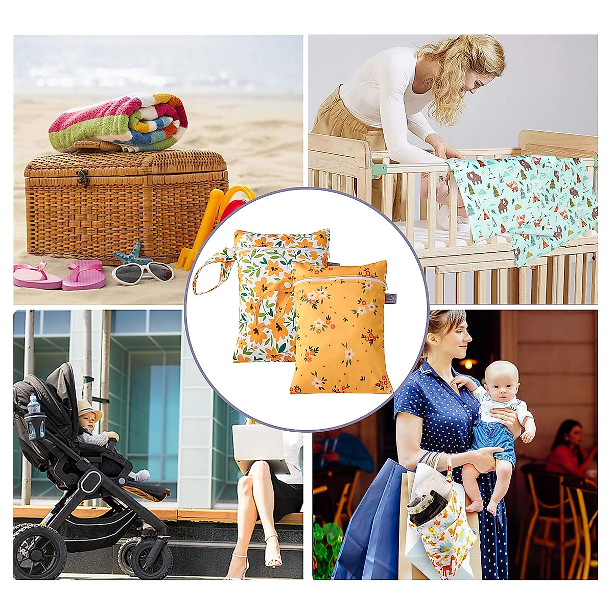 Happy Cherry Cloth Diaper Wet Dry Bags Waterproof Reusable with Two Zippered Pockets Travel Beach Pool Daycare Soiled Baby or Wet Clothes 2pcs 7.09 in x 9.84 in