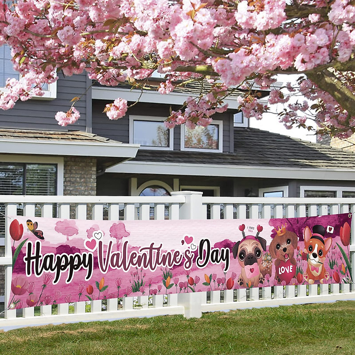 Large Happy Valentines Day Banner Outdoor Decorations 120" x 20" Valentine's Yard Sign Purple Flowers Cute Dogs Love Hill Holiday Party Supplies Valentine Backdrop Home Decor with Brass Grommets for Garden House Fence Garage Indoor Gifts Anniversary Weddi