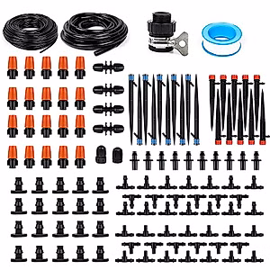 Micro Drip Irrigation Kit 226FT Greenhouse Automatic Patio Misting Plant Watering System with 1/4 inch 1/2 inch Blank Distribution Tubing Hose Adjustable Nozzle Emitters Sprinkler Barbed Fittings
