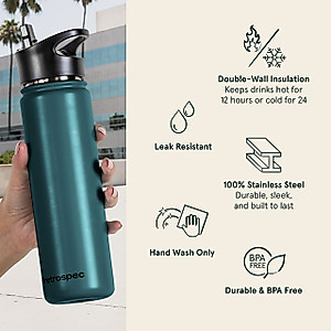 Retrospec Alder Insulated Water Bottle with Straw Lid & Handle Cap - Stainless Steel Wide Mouth Double-Wall Vacuum Insulated Thermos - BPA Free Leakproof Canteen - Superior Blue, 22oz