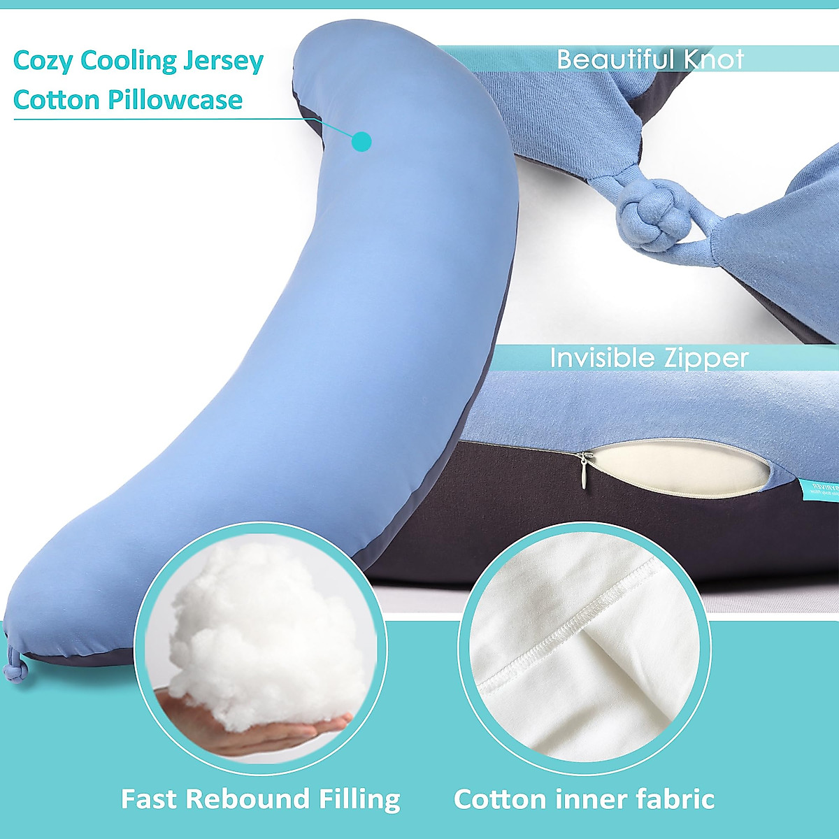 BYRIVER 43" Long C Shaped Body Pillow for Adults Men Women, Side Sleeper Pillow for Neck Shoulder Back Pain Relief, Cooling Post Sugery Pillow Pregnancy Pillow, Blue Black Washable Pillowcase (XL)