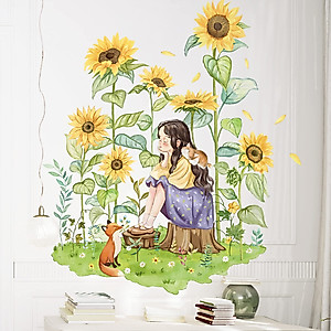 Sunflower and Girl Wall Decals Garden Flower Wall Stickers Bedroom Living Room TV Wall Art Decor Murals 29 in X 33 in (Sunflower and Girl)