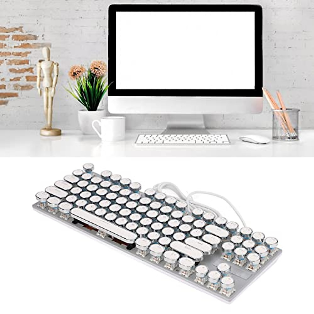 Mechanical Gaming Keyboard 87 Keys Blue Switches Mechanical Keyboard Waterproof for PC (White Electroplating Punk)