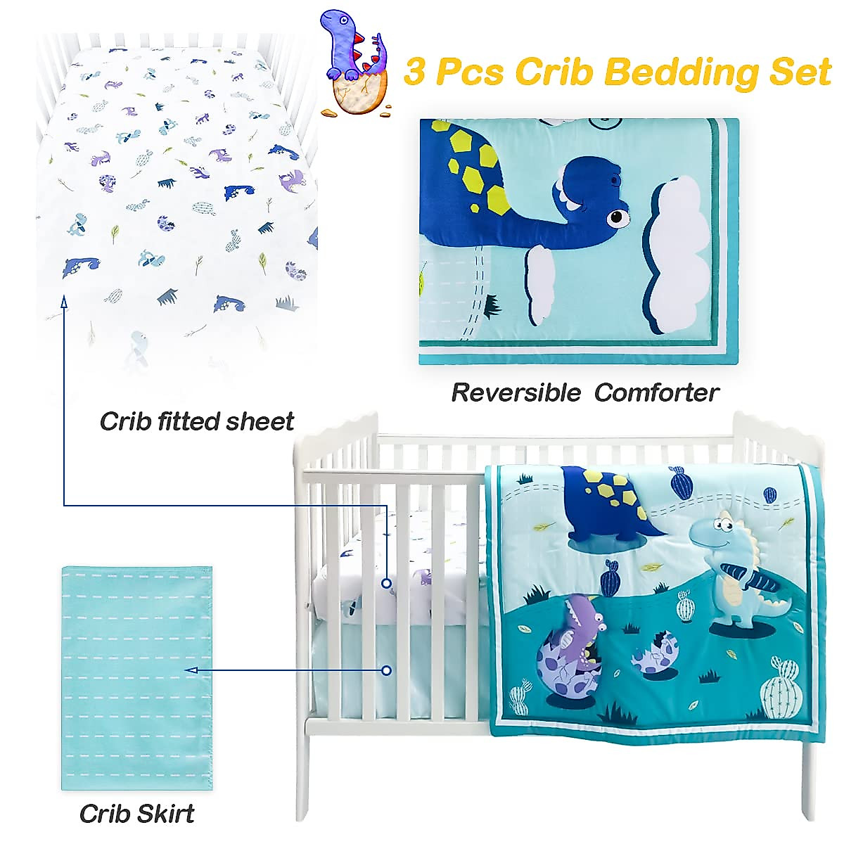 Luxanna Crib Bedding Set Dinosaur 3 Pieces Baby Boys Nursery Bedding Sets with Baby Comforter,Crib Fitted Sheet, Crib Skirt for Boys