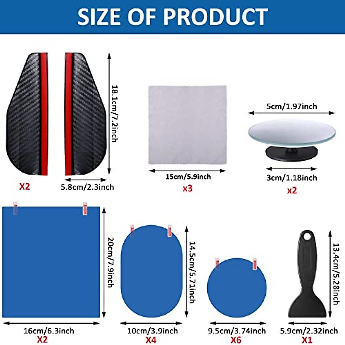 Tallew 20 Pcs Waterproof Car Mirror Film Set, 12 Pcs Waterproof Mirror Film for Car, 2 Pcs Car Side Mirror Rain Guard, 2 Pcs Blind Spot Mirrors 4 Pcs Scraper and Cleaning Cloth for Most Car Truck Suv