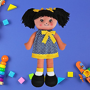 LOVE & HUG 17" African American Black Doll | Stuffed Soft Plush Doll with Blue Dress and Soft Yarn Hair for Kids and Toddlers to Love and Hug | Gift for Birthday, Christmas